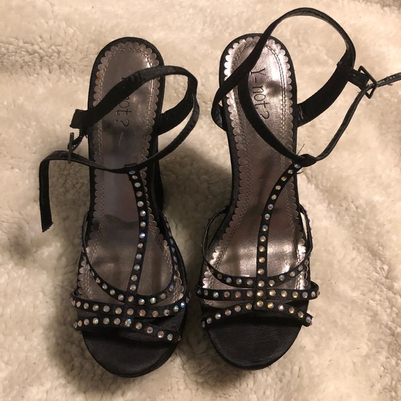 Y-Not | Shoes | Sexy Black Strappy Satin Wedges With Rhinestones | Poshmark